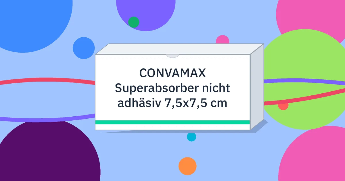 Symbolbild: Packung mit der Aufschrift CONVAMAX Superabsorber nicht adhäsiv 7,5x7,5 cm (PZN 19299384) – Verfügbarkeit und Bezug in Apotheken in Frankfurt am Main