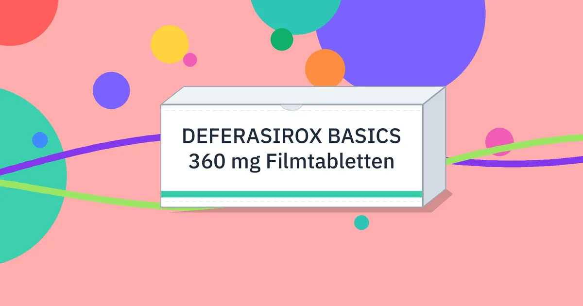 Symbolbild: Packung mit der Aufschrift DEFERASIROX BASICS 360 mg Filmtabletten (PZN 19192947) – Verfügbarkeit und Bezug in Apotheken in Frankfurt am Main