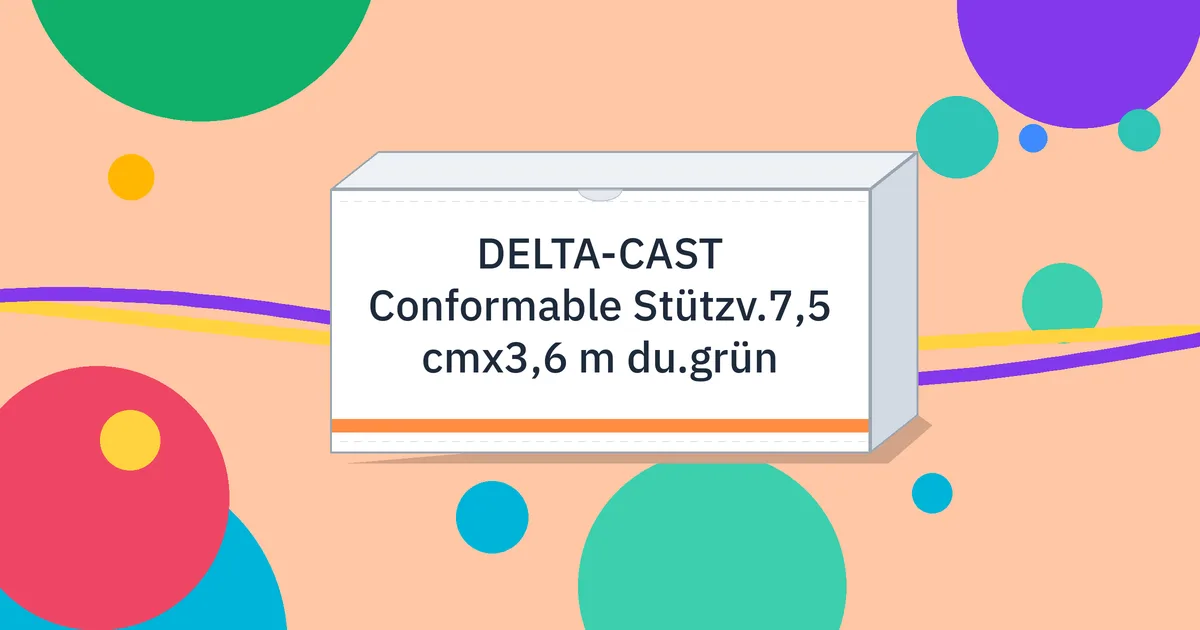 Symbolbild: Packung mit der Aufschrift DELTA-CAST Conformable Stützv.7,5 cmx3,6 m du.grün (PZN 01426439) – Verfügbarkeit und Bezug in Apotheken in Frankfurt am Main