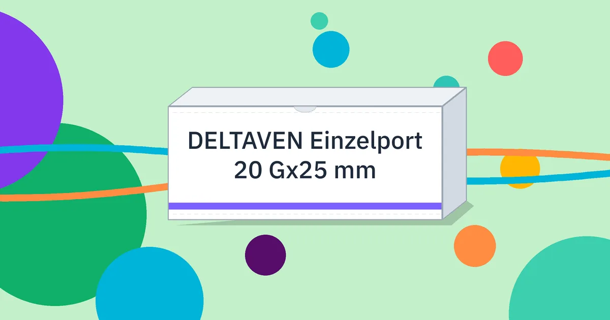 Symbolbild: Packung mit der Aufschrift DELTAVEN Einzelport 20 Gx25 mm (PZN 20365181) – Verfügbarkeit und Bezug in Apotheken in Frankfurt am Main
