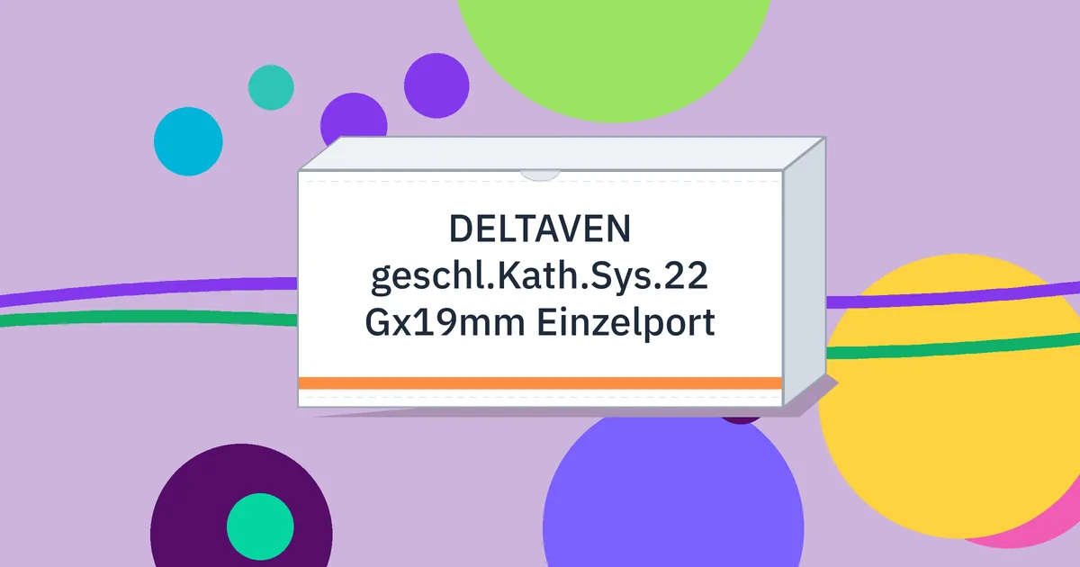 Symbolbild: Packung mit der Aufschrift DELTAVEN geschl.Kath.Sys.22 Gx19mm Einzelport (PZN 13977423) – Verfügbarkeit und Bezug in Apotheken in Frankfurt am Main