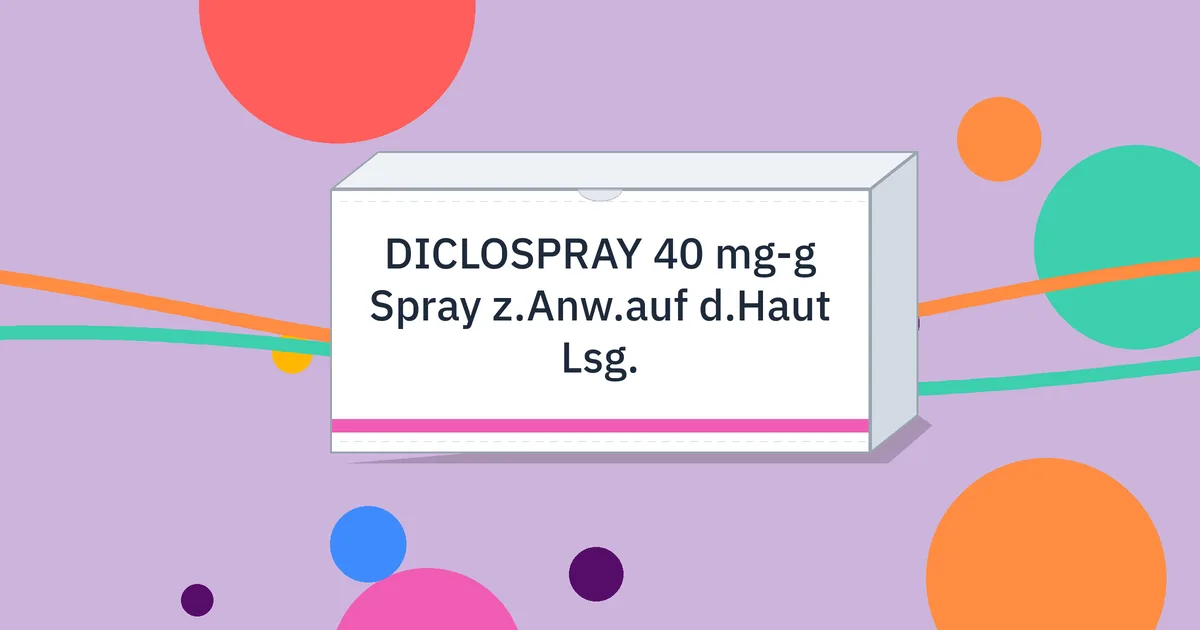 Symbolbild: Packung mit der Aufschrift DICLOSPRAY 40 mg-g Spray z.Anw.auf d.Haut Lsg. (PZN 17856099) – Verfügbarkeit und Bezug in Apotheken in Frankfurt am Main