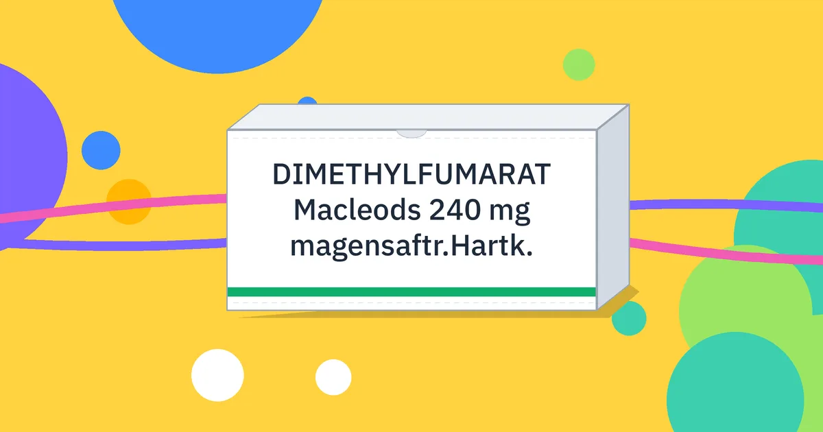Symbolbild: Packung mit der Aufschrift DIMETHYLFUMARAT Macleods 240 mg magensaftr.Hartk. (PZN 20141458) – Verfügbarkeit und Bezug in Apotheken in Frankfurt am Main