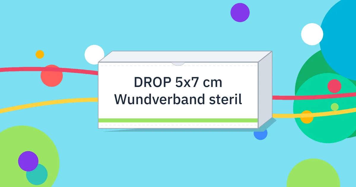 Symbolbild: Packung mit der Aufschrift DROP 5x7 cm Wundverband steril (PZN 03274494) – Verfügbarkeit und Bezug in Apotheken in Frankfurt am Main