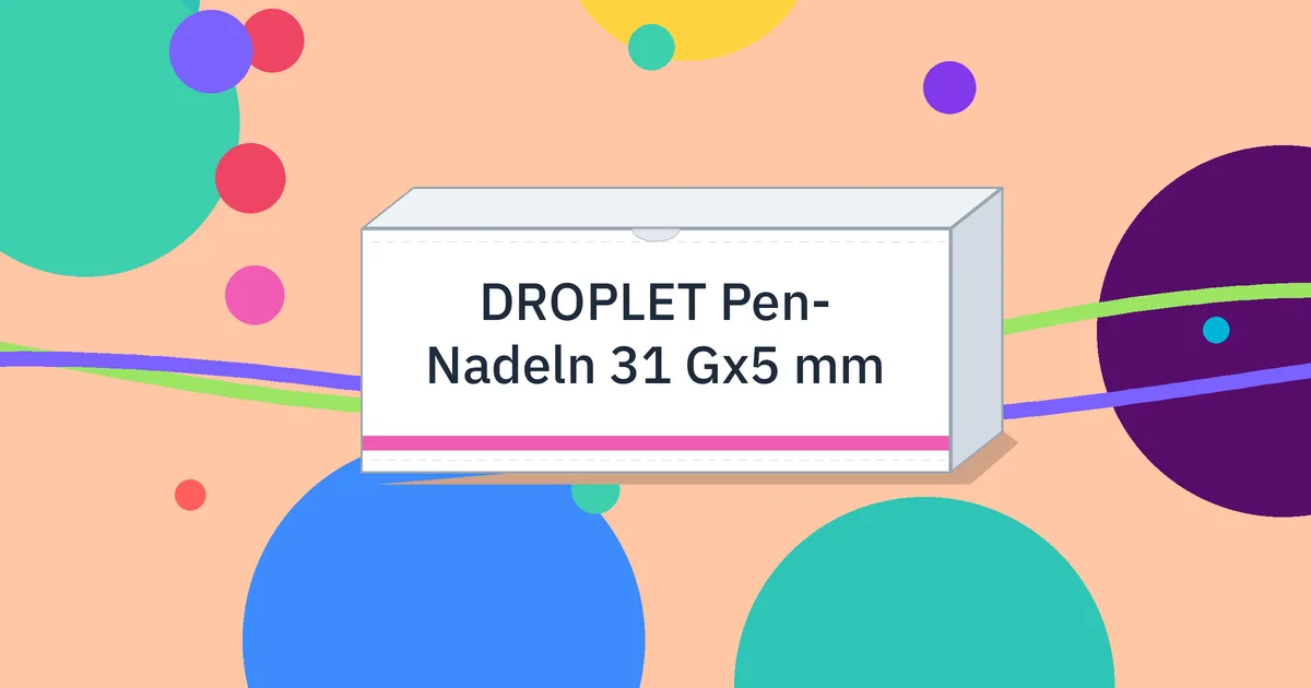 Symbolbild: Packung mit der Aufschrift DROPLET Pen-Nadeln 31 Gx5 mm (PZN 13900567) – Verfügbarkeit und Bezug in Apotheken in Frankfurt am Main