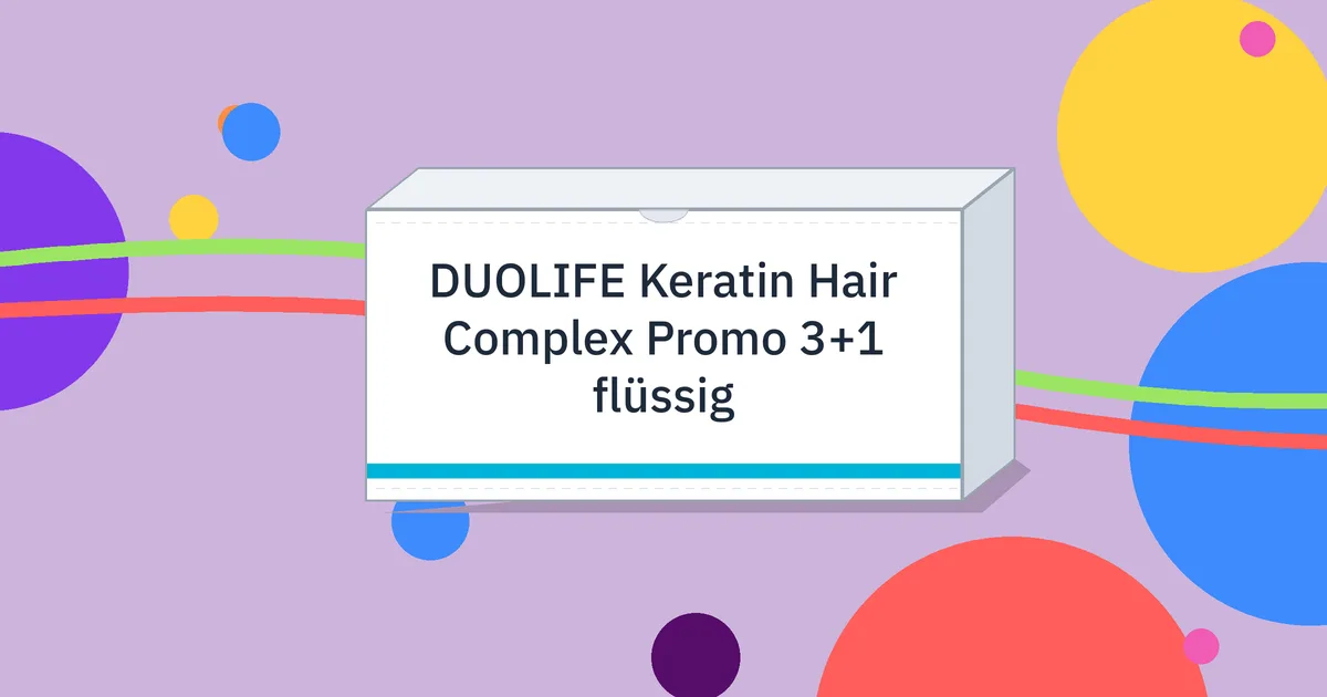 Symbolbild: Packung mit der Aufschrift DUOLIFE Keratin Hair Complex Promo 3+1 flüssig (PZN 16613437) – Verfügbarkeit und Bezug in Apotheken in Frankfurt am Main