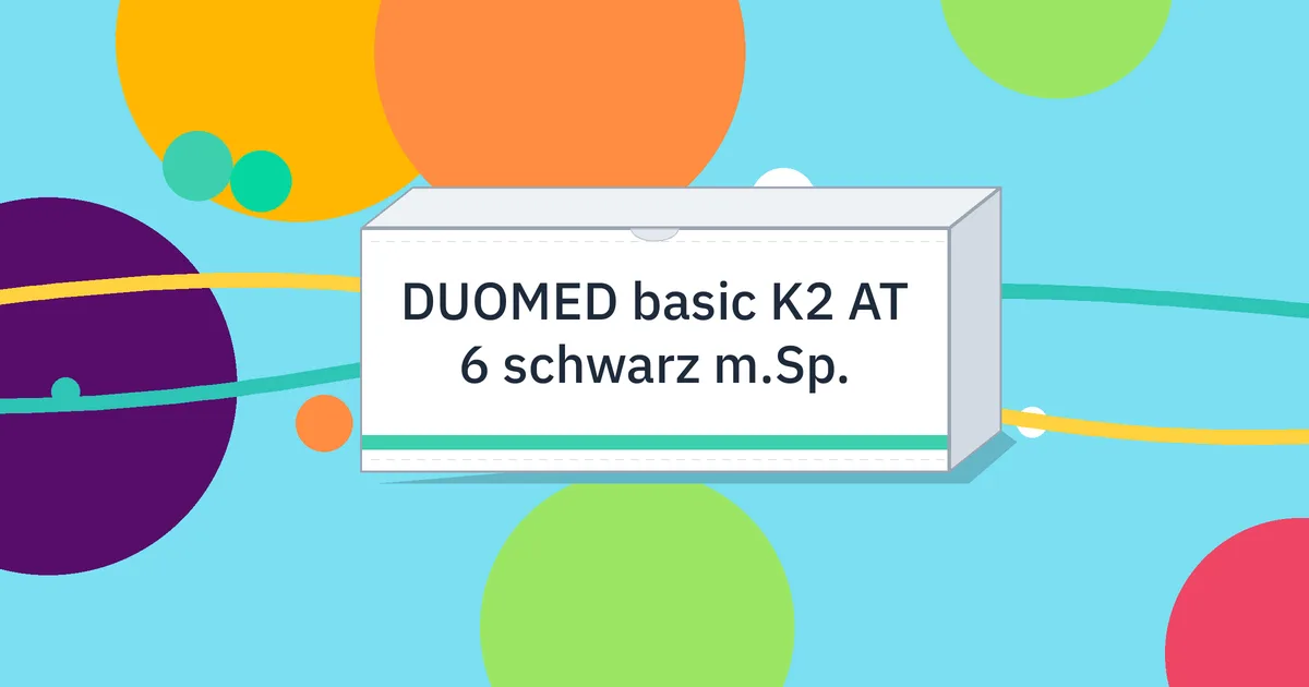 Symbolbild: Packung mit der Aufschrift DUOMED basic K2 AT 6 schwarz m.Sp. (PZN 20906228) – Verfügbarkeit und Bezug in Apotheken in Frankfurt am Main