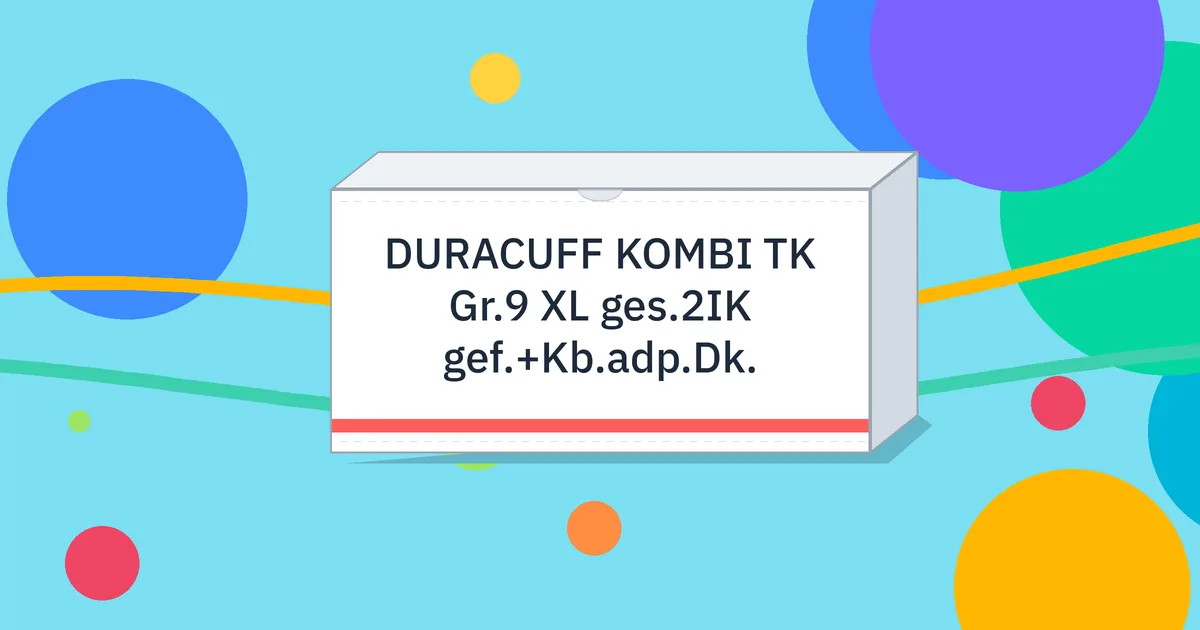 Symbolbild: Packung mit der Aufschrift DURACUFF KOMBI TK Gr.9 XL ges.2IK gef.+Kb.adp.Dk. (PZN 04965763) – Verfügbarkeit und Bezug in Apotheken in Frankfurt am Main