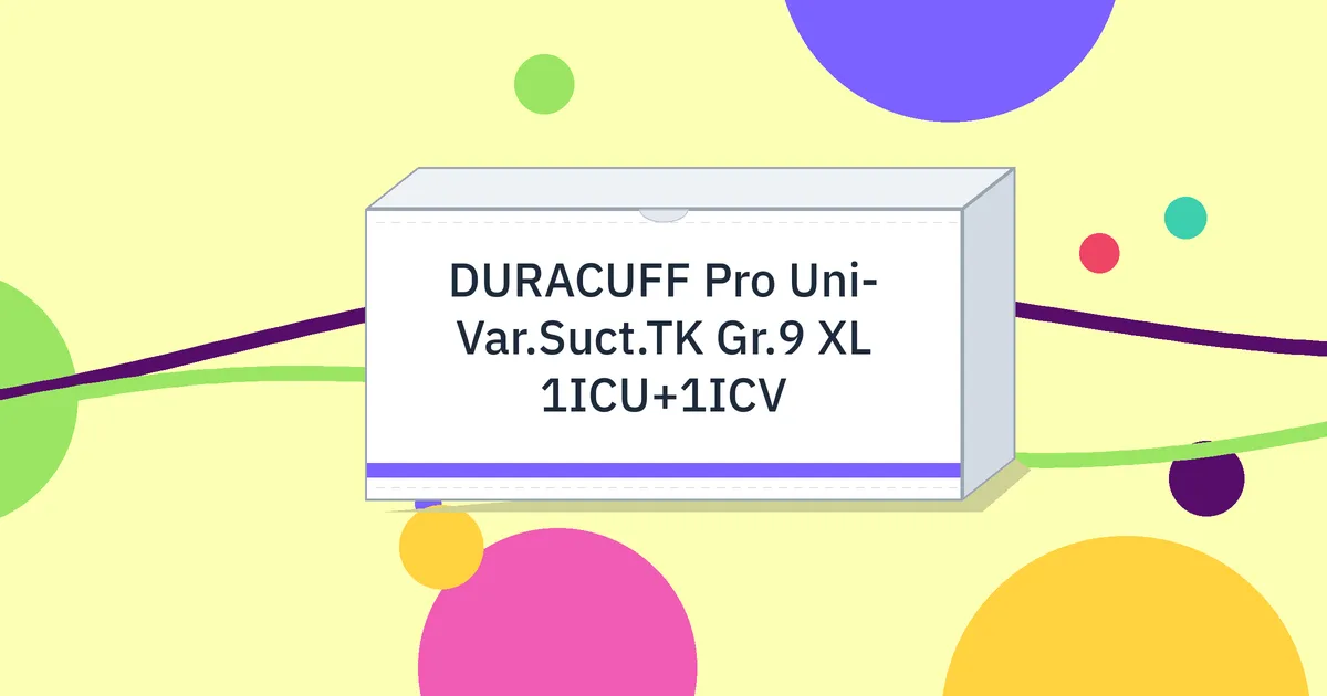 Symbolbild: Packung mit der Aufschrift DURACUFF Pro Uni-Var.Suct.TK Gr.9 XL 1ICU+1ICV (PZN 19245916) – Verfügbarkeit und Bezug in Apotheken in Frankfurt am Main