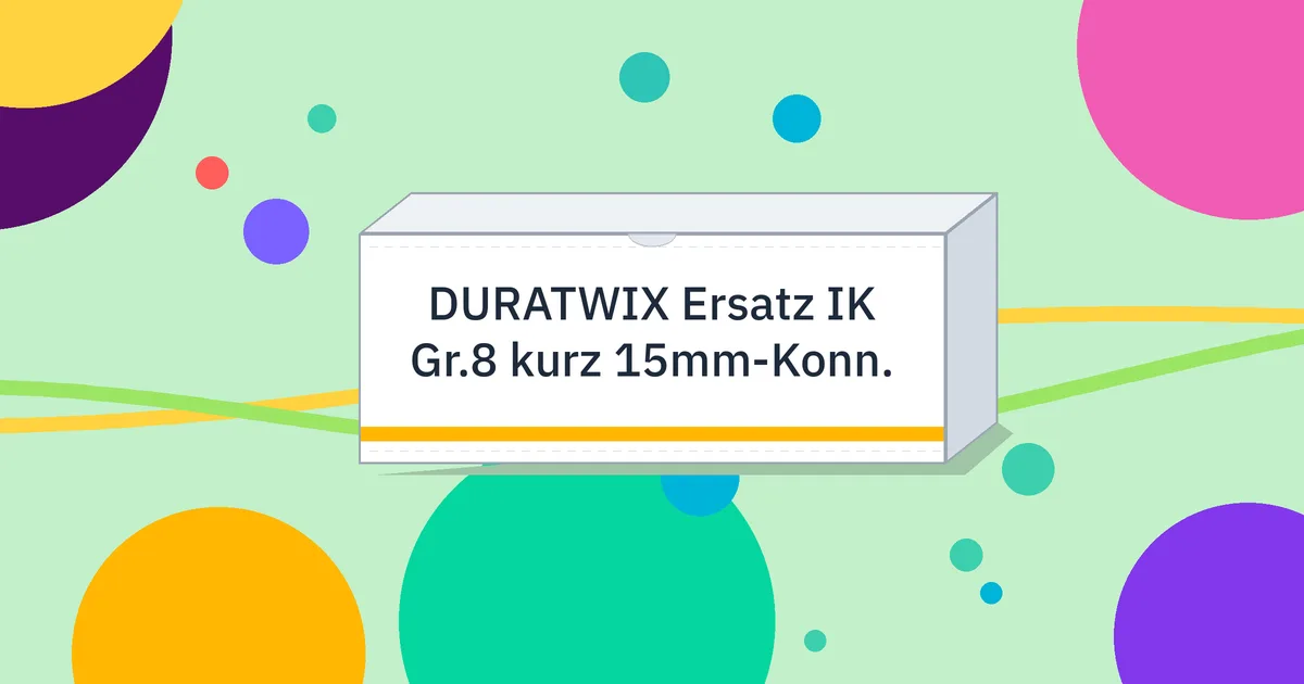 Symbolbild: Packung mit der Aufschrift DURATWIX Ersatz IK Gr.8 kurz 15mm-Konn. (PZN 06976682) – Verfügbarkeit und Bezug in Apotheken in Frankfurt am Main