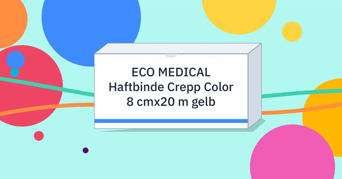 Symbolbild: Packung mit der Aufschrift ECO MEDICAL Haftbinde Crepp Color 8 cmx20 m gelb (PZN 00733180) – Verfügbarkeit und Bezug in Apotheken in Frankfurt am Main