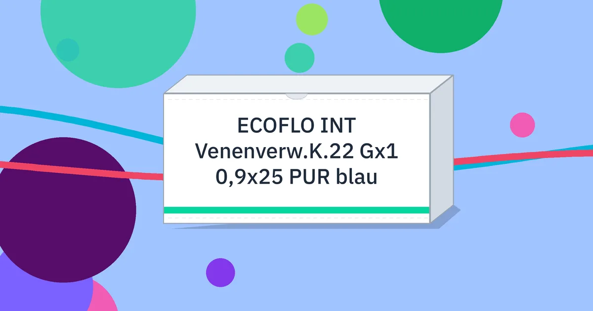 Symbolbild: Packung mit der Aufschrift ECOFLO INT Venenverw.K.22 Gx1 0,9x25 PUR blau (PZN 00268197) – Verfügbarkeit und Bezug in Apotheken in Frankfurt am Main