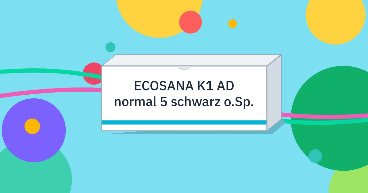 Symbolbild: Packung mit der Aufschrift ECOSANA K1 AD normal 5 schwarz o.Sp. (PZN 04724976) – Verfügbarkeit und Bezug in Apotheken in Frankfurt am Main