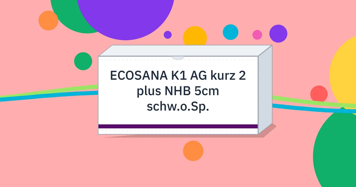 Symbolbild: Packung mit der Aufschrift ECOSANA K1 AG kurz 2 plus NHB 5cm schw.o.Sp. (PZN 04726550) – Verfügbarkeit und Bezug in Apotheken in Frankfurt am Main