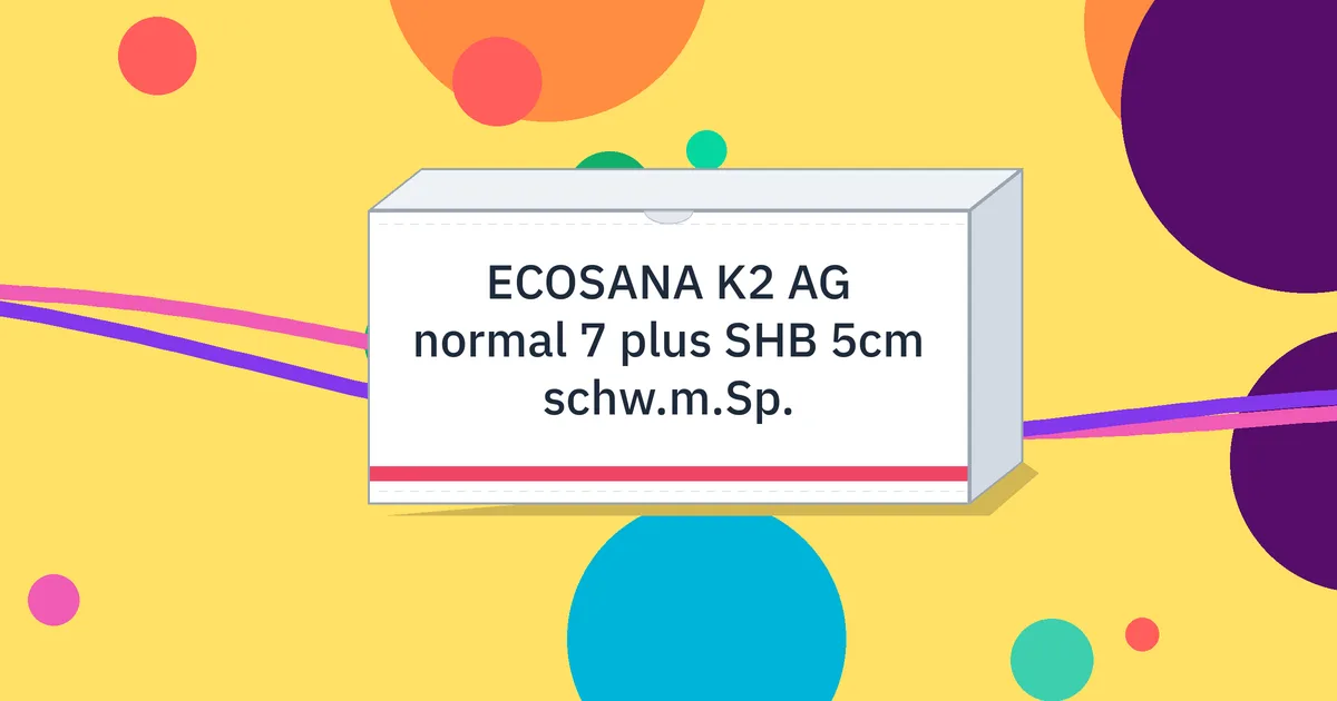 Symbolbild: Packung mit der Aufschrift ECOSANA K2 AG normal 7 plus SHB 5cm schw.m.Sp. (PZN 01530473) – Verfügbarkeit und Bezug in Apotheken in Frankfurt am Main