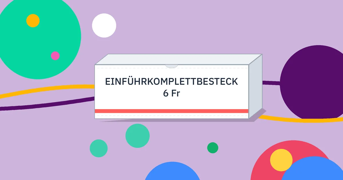 Symbolbild: Packung mit der Aufschrift EINFÜHRKOMPLETTBESTECK 6 Fr (PZN 04503577) – Verfügbarkeit und Bezug in Apotheken in Frankfurt am Main