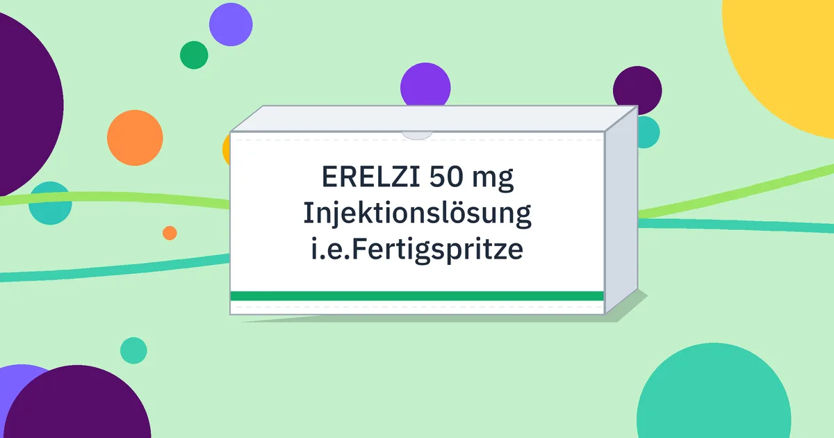 Symbolbild: Packung mit der Aufschrift ERELZI 50 mg Injektionslösung i.e.Fertigspritze (PZN 14131935) – Verfügbarkeit und Bezug in Apotheken in Frankfurt am Main