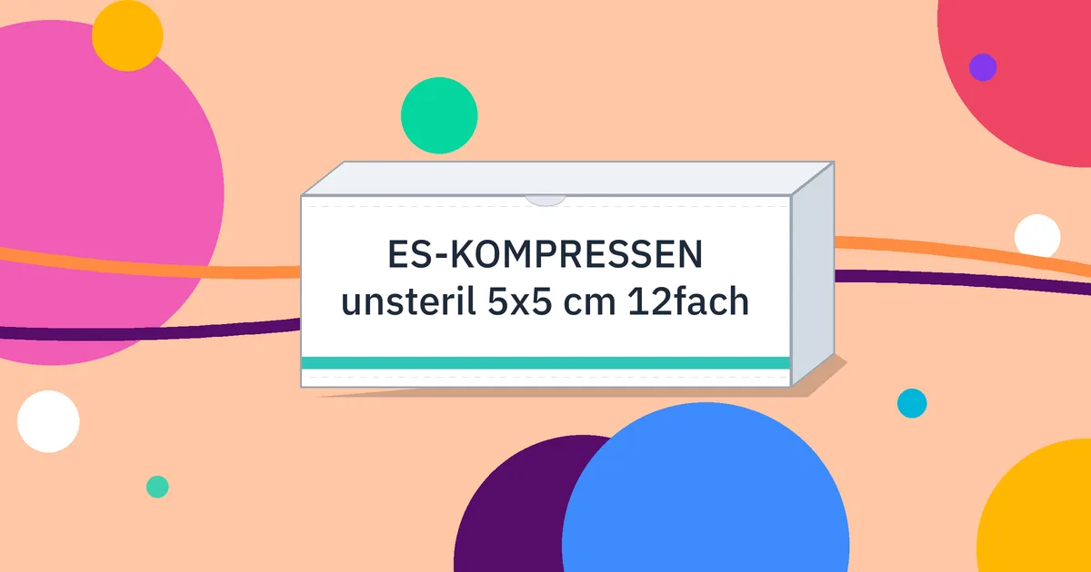 Symbolbild: Packung mit der Aufschrift ES-KOMPRESSEN unsteril 5x5 cm 12fach (PZN 17434228) – Verfügbarkeit und Bezug in Apotheken in Frankfurt am Main