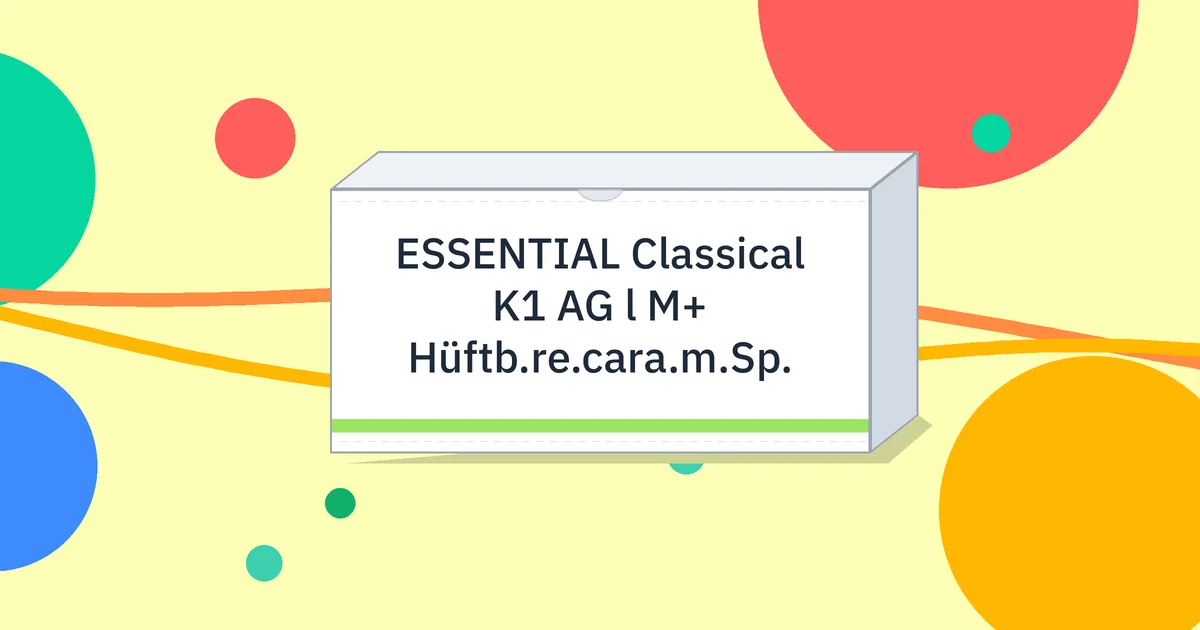 Symbolbild: Packung mit der Aufschrift ESSENTIAL Classical K1 AG l M+ Hüftb.re.cara.m.Sp. (PZN 17011893) – Verfügbarkeit und Bezug in Apotheken in Frankfurt am Main