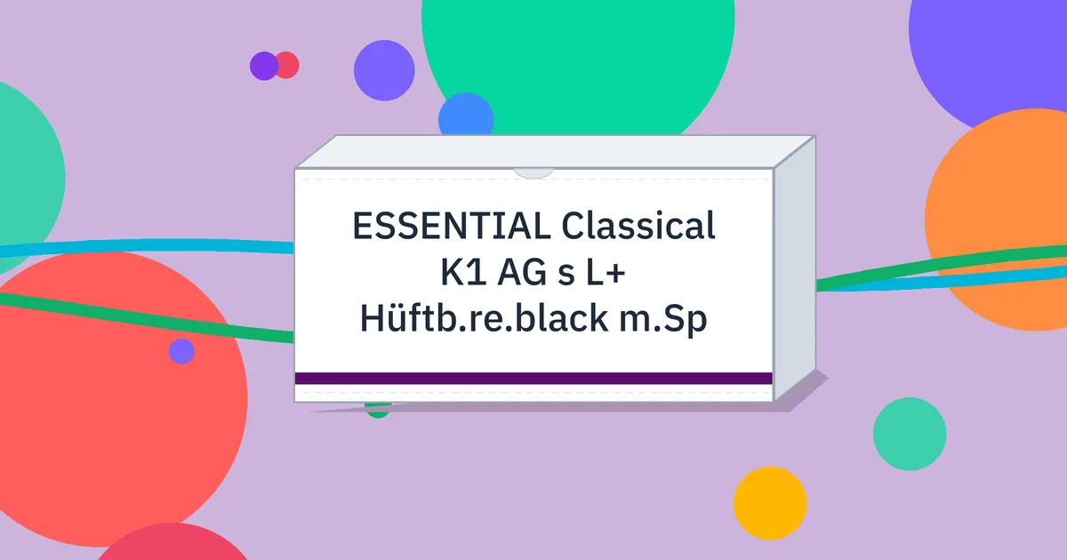 Symbolbild: Packung mit der Aufschrift ESSENTIAL Classical K1 AG s L+ Hüftb.re.black m.Sp (PZN 17013691) – Verfügbarkeit und Bezug in Apotheken in Frankfurt am Main