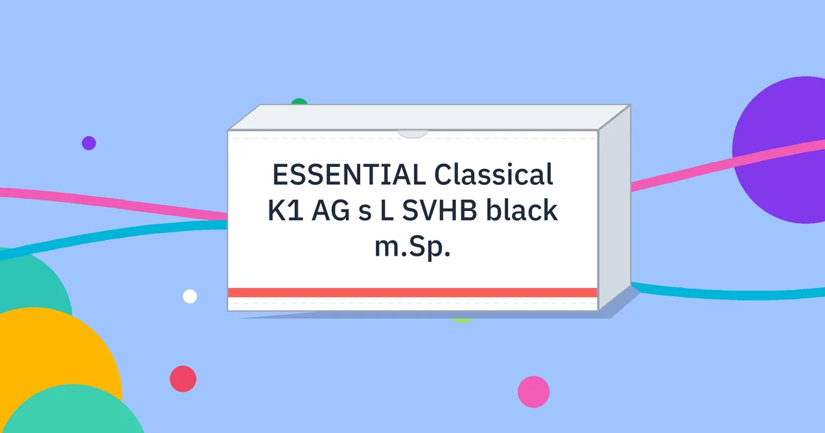 Symbolbild: Packung mit der Aufschrift ESSENTIAL Classical K1 AG s L SVHB black m.Sp. (PZN 18421104) – Verfügbarkeit und Bezug in Apotheken in Frankfurt am Main