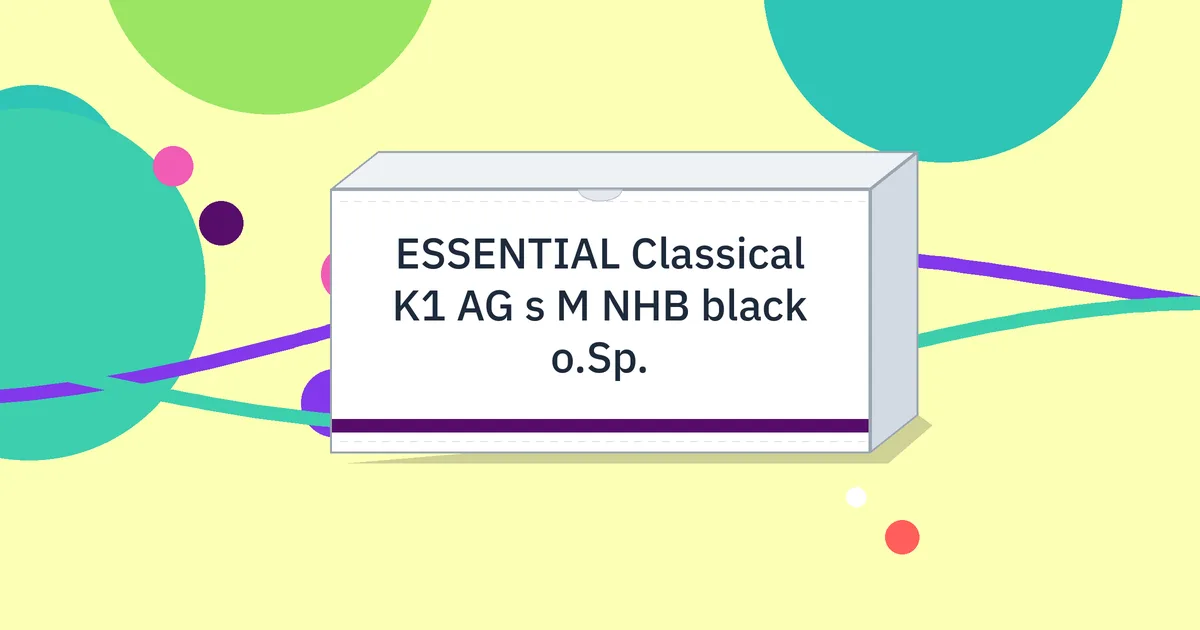 Symbolbild: Packung mit der Aufschrift ESSENTIAL Classical K1 AG s M NHB black o.Sp. (PZN 17004456) – Verfügbarkeit und Bezug in Apotheken in Frankfurt am Main