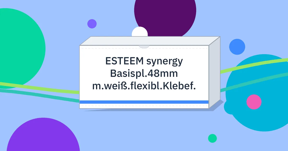 Symbolbild: Packung mit der Aufschrift ESTEEM synergy Basispl.48mm m.weiß.flexibl.Klebef. (PZN 02197811) – Verfügbarkeit und Bezug in Apotheken in Frankfurt am Main