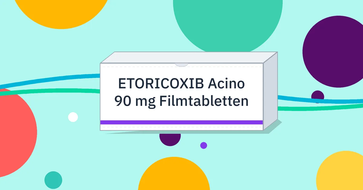 Symbolbild: Packung mit der Aufschrift ETORICOXIB Acino 90 mg Filmtabletten (PZN 19537079) – Verfügbarkeit und Bezug in Apotheken in Frankfurt am Main