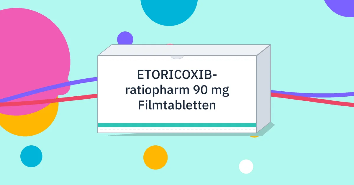 Symbolbild: Packung mit der Aufschrift ETORICOXIB-ratiopharm 90 mg Filmtabletten (PZN 12377112) – Verfügbarkeit und Bezug in Apotheken in Frankfurt am Main