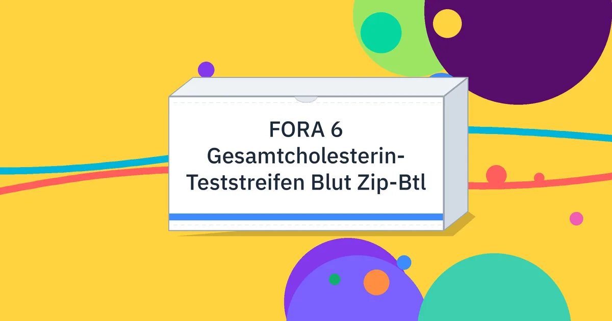 Symbolbild: Packung mit der Aufschrift FORA 6 Gesamtcholesterin-Teststreifen Blut Zip-Btl (PZN 17668400) – Verfügbarkeit und Bezug in Apotheken in Frankfurt am Main