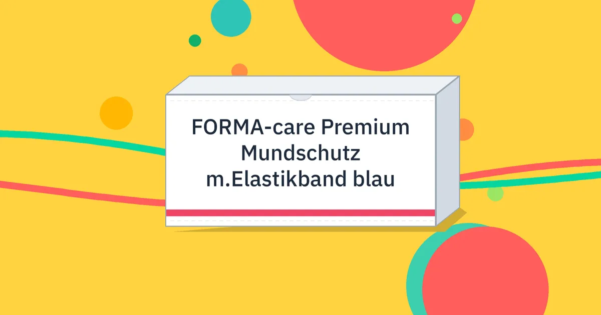 Symbolbild: Packung mit der Aufschrift FORMA-care Premium Mundschutz m.Elastikband blau (PZN 10344870) – Verfügbarkeit und Bezug in Apotheken in Frankfurt am Main