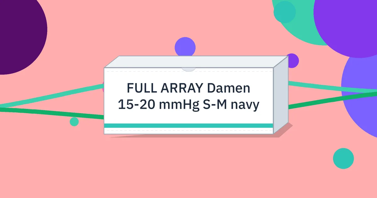 Symbolbild: Packung mit der Aufschrift FULL ARRAY Damen 15-20 mmHg S-M navy (PZN 20112333) – Verfügbarkeit und Bezug in Apotheken in Frankfurt am Main