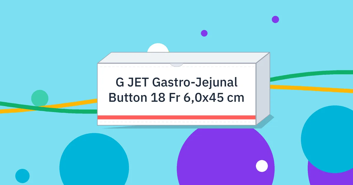 Symbolbild: Packung mit der Aufschrift G JET Gastro-Jejunal Button 18 Fr 6,0x45 cm (PZN 14347374) – Verfügbarkeit und Bezug in Apotheken in Frankfurt am Main