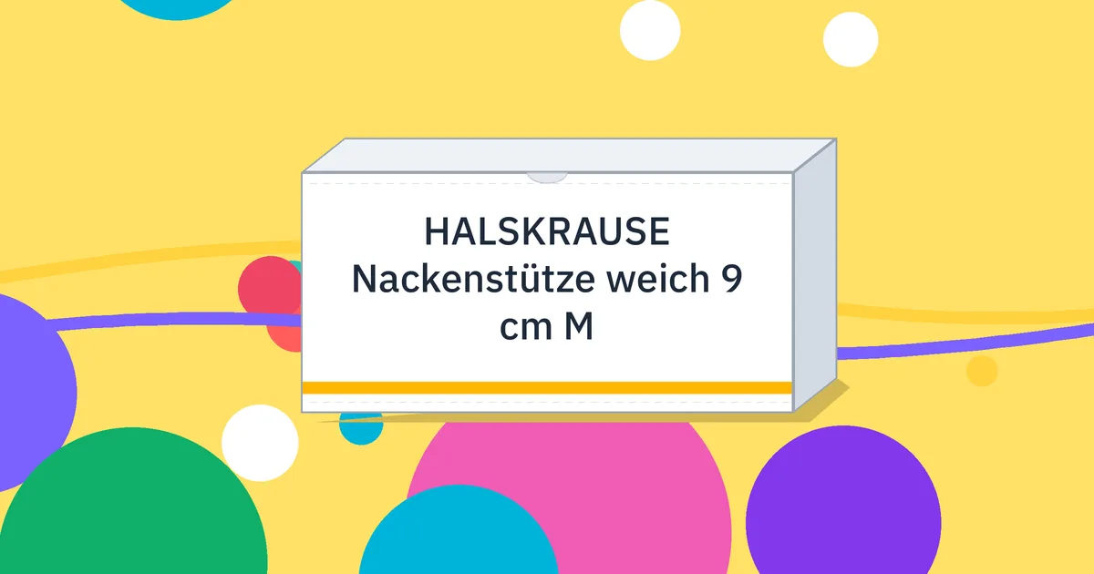 Symbolbild: Packung mit der Aufschrift HALSKRAUSE Nackenstütze weich 9 cm M (PZN 19069075) – Verfügbarkeit und Bezug in Apotheken in Frankfurt am Main