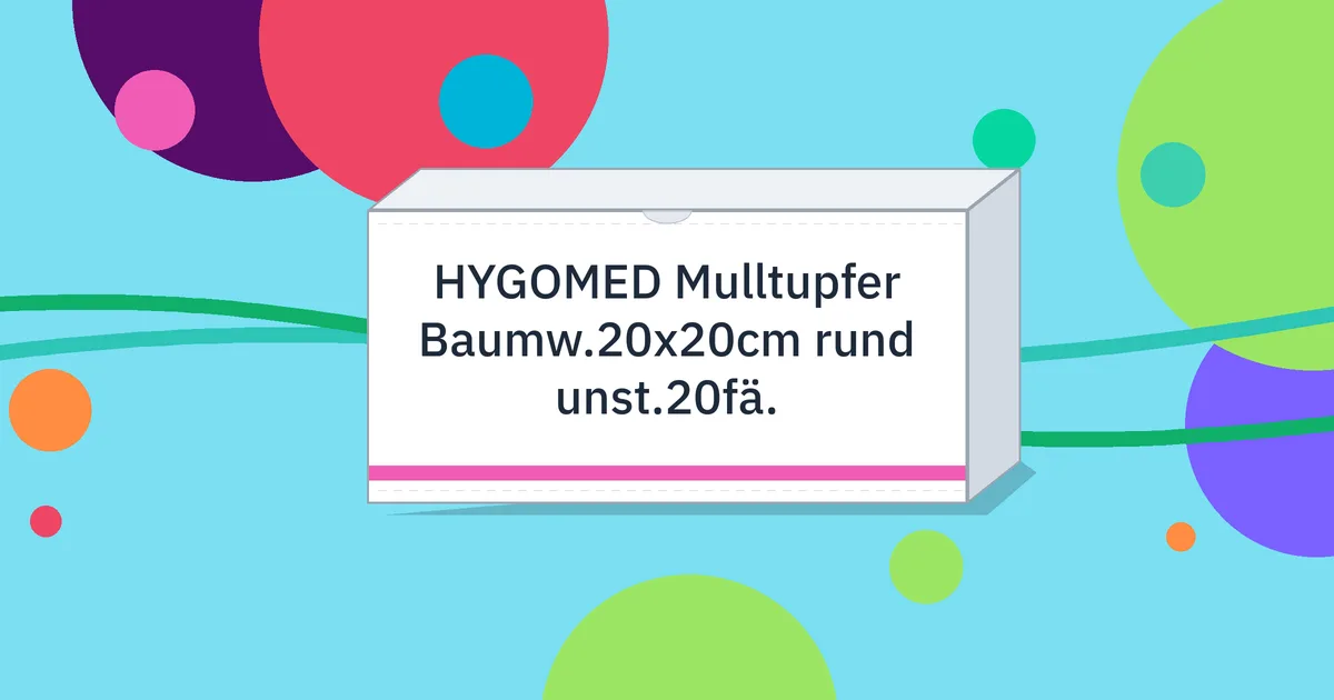 Symbolbild: Packung mit der Aufschrift HYGOMED Mulltupfer Baumw.20x20cm rund unst.20fä. (PZN 20382966) – Verfügbarkeit und Bezug in Apotheken in Frankfurt am Main