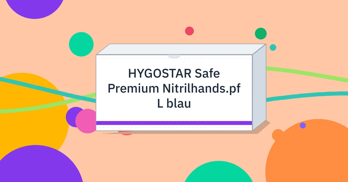 Symbolbild: Packung mit der Aufschrift HYGOSTAR Safe Premium Nitrilhands.pf L blau (PZN 20774382) – Verfügbarkeit und Bezug in Apotheken in Frankfurt am Main