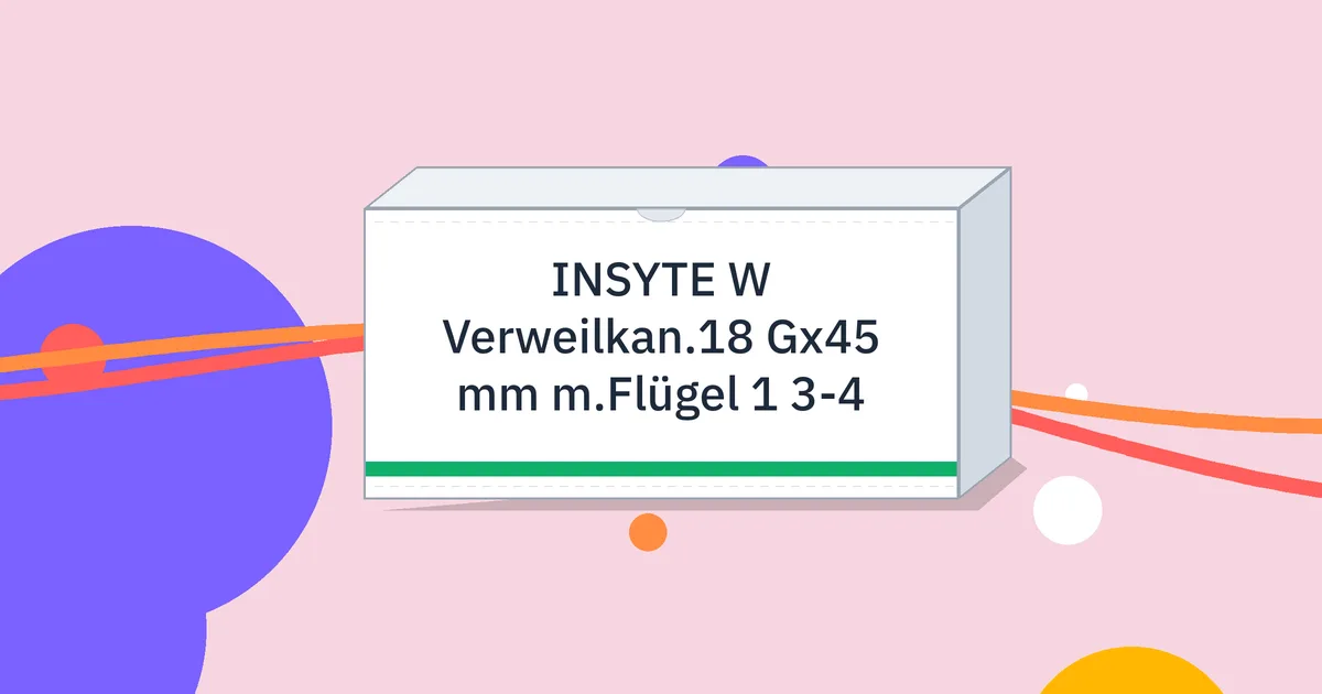 Symbolbild: Packung mit der Aufschrift INSYTE W Verweilkan.18 Gx45 mm m.Flügel 1 3-4 (PZN 13871191) – Verfügbarkeit und Bezug in Apotheken in Frankfurt am Main