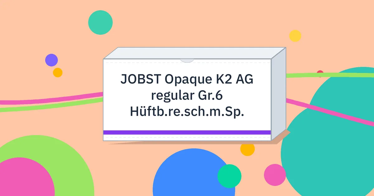 Symbolbild: Packung mit der Aufschrift JOBST Opaque K2 AG regular Gr.6 Hüftb.re.sch.m.Sp. (PZN 13117442) – Verfügbarkeit und Bezug in Apotheken in Frankfurt am Main