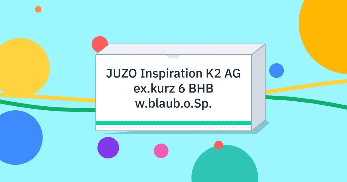 Symbolbild: Packung mit der Aufschrift JUZO Inspiration K2 AG ex.kurz 6 BHB w.blaub.o.Sp. (PZN 14852103) – Verfügbarkeit und Bezug in Apotheken in Frankfurt am Main