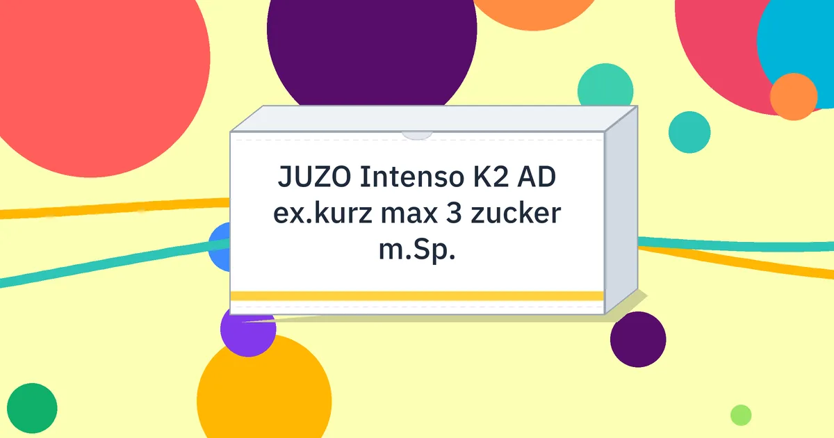 Symbolbild: Packung mit der Aufschrift JUZO Intenso K2 AD ex.kurz max 3 zucker m.Sp. (PZN 18606594) – Verfügbarkeit und Bezug in Apotheken in Frankfurt am Main