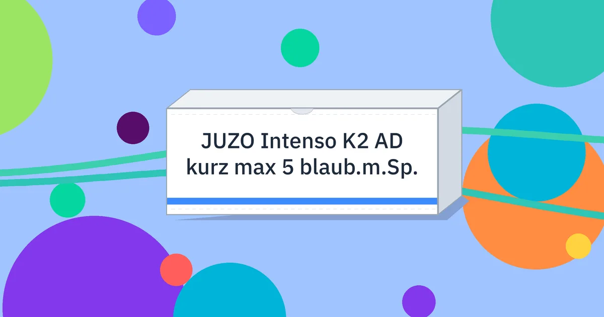 Symbolbild: Packung mit der Aufschrift JUZO Intenso K2 AD kurz max 5 blaub.m.Sp. (PZN 18608736) – Verfügbarkeit und Bezug in Apotheken in Frankfurt am Main
