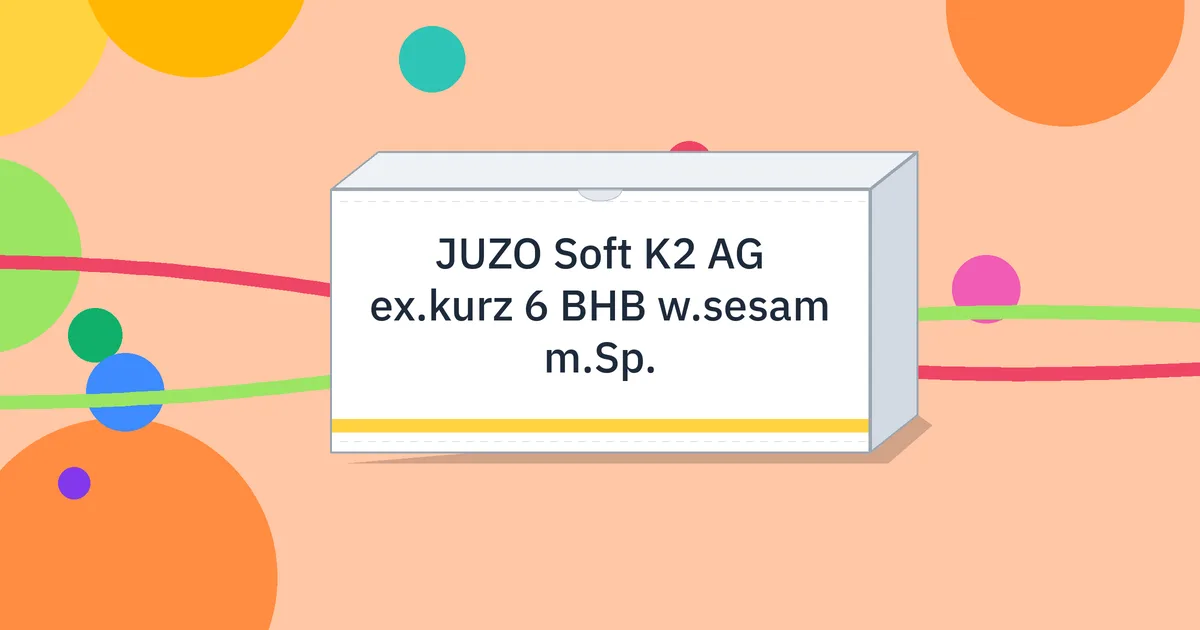 Symbolbild: Packung mit der Aufschrift JUZO Soft K2 AG ex.kurz 6 BHB w.sesam m.Sp. (PZN 14843386) – Verfügbarkeit und Bezug in Apotheken in Frankfurt am Main