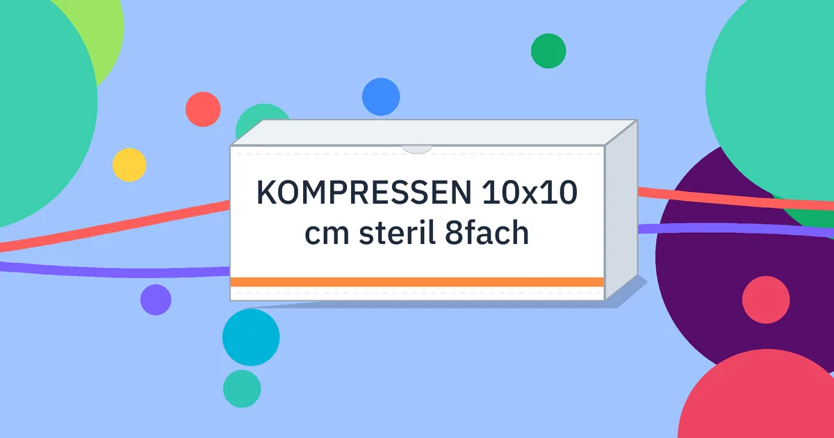 Symbolbild: Packung mit der Aufschrift KOMPRESSEN 10x10 cm steril 8fach (PZN 11046672) – Verfügbarkeit und Bezug in Apotheken in Frankfurt am Main
