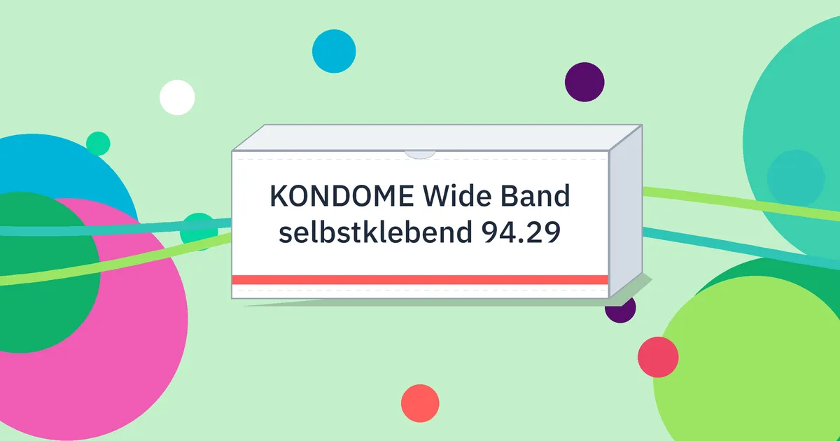 Symbolbild: Packung mit der Aufschrift KONDOME Wide Band selbstklebend 94.29 (PZN 07235137) – Verfügbarkeit und Bezug in Apotheken in Frankfurt am Main