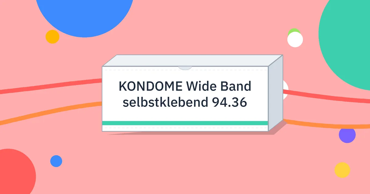 Symbolbild: Packung mit der Aufschrift KONDOME Wide Band selbstklebend 94.36 (PZN 07235858) – Verfügbarkeit und Bezug in Apotheken in Frankfurt am Main