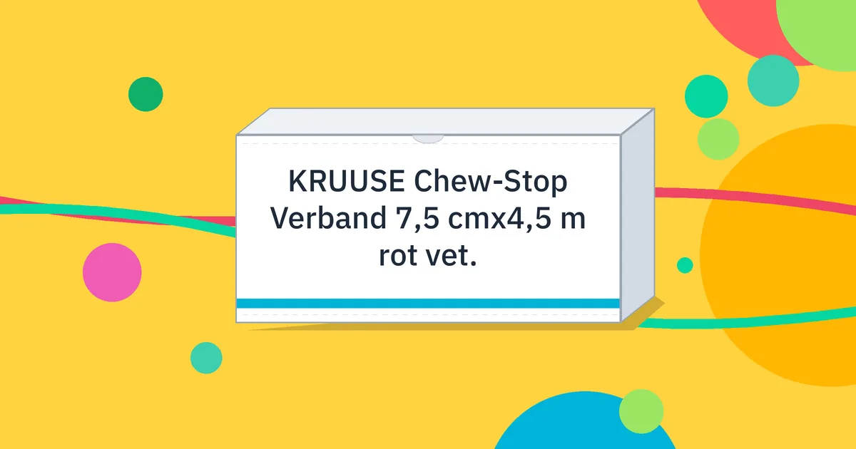 Symbolbild: Packung mit der Aufschrift KRUUSE Chew-Stop Verband 7,5 cmx4,5 m rot vet. (PZN 18443258) – Verfügbarkeit und Bezug in Apotheken in Frankfurt am Main