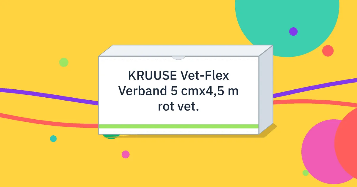 Symbolbild: Packung mit der Aufschrift KRUUSE Vet-Flex Verband 5 cmx4,5 m rot vet. (PZN 18443353) – Verfügbarkeit und Bezug in Apotheken in Frankfurt am Main