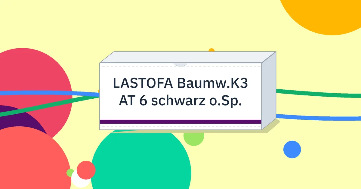 Symbolbild: Packung mit der Aufschrift LASTOFA Baumw.K3 AT 6 schwarz o.Sp. (PZN 01958308) – Verfügbarkeit und Bezug in Apotheken in Frankfurt am Main