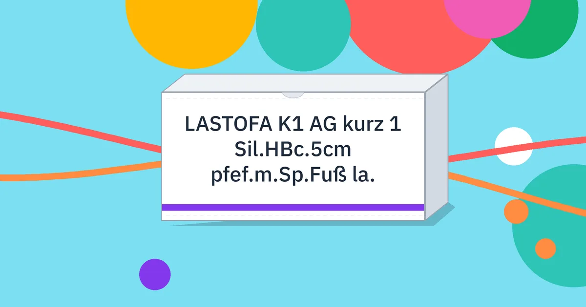 Symbolbild: Packung mit der Aufschrift LASTOFA K1 AG kurz 1 Sil.HBc.5cm pfef.m.Sp.Fuß la. (PZN 13789408) – Verfügbarkeit und Bezug in Apotheken in Frankfurt am Main