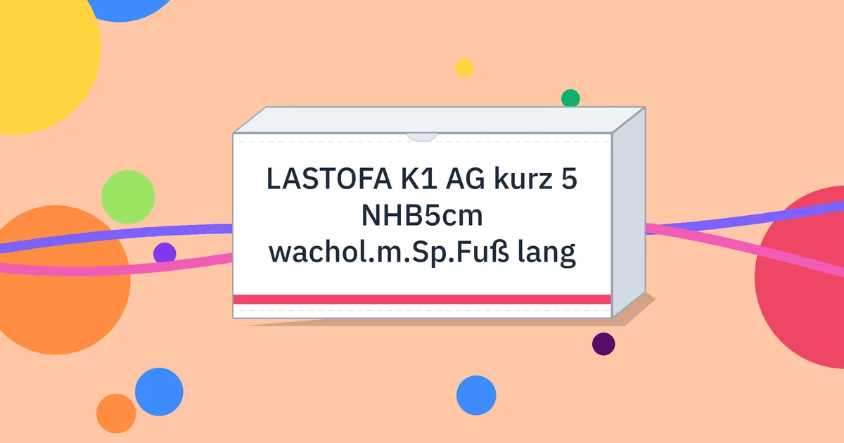 Symbolbild: Packung mit der Aufschrift LASTOFA K1 AG kurz 5 NHB5cm wachol.m.Sp.Fuß lang (PZN 13793344) – Verfügbarkeit und Bezug in Apotheken in Frankfurt am Main